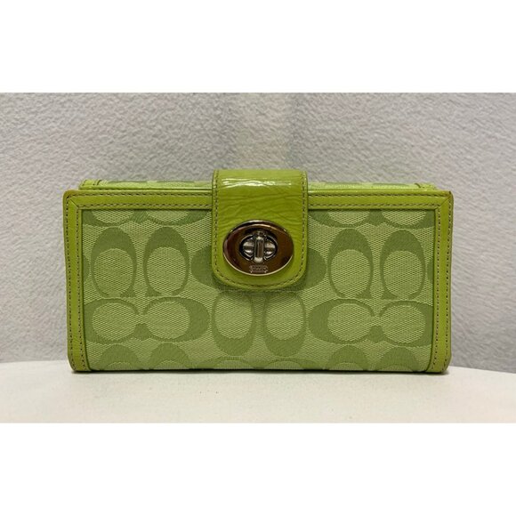 Coach | Bags | Coach Signature Canvas Patent Turn Lock Wallet Lime Green | Poshmark